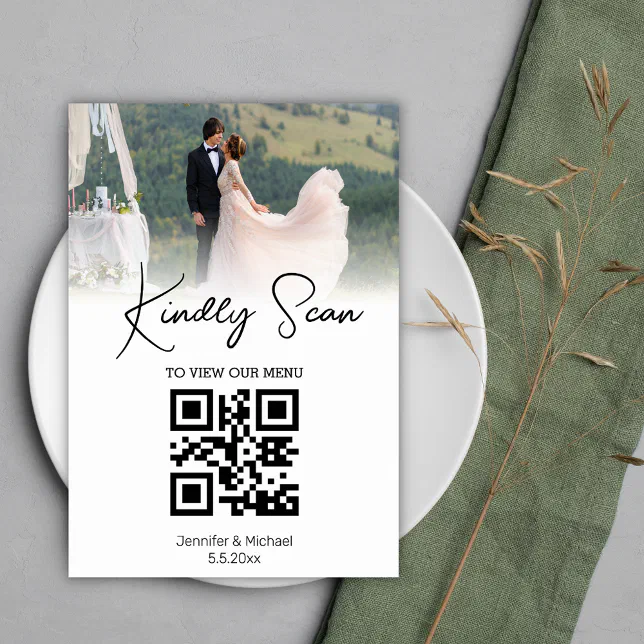 simple minimal qr code wedding menu photo table number | Zazzle