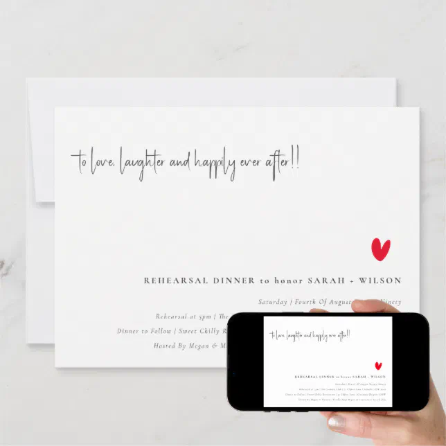 Simple Minimal Red Heart Script Rehearsal Dinner Invitation | Zazzle