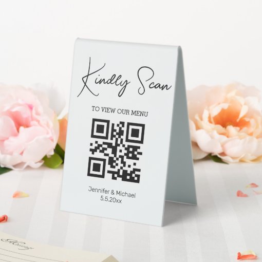simple minimal trendy qr code wedding menu table tent sign | Zazzle