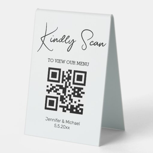 simple minimal trendy qr code wedding menu table tent sign | Zazzle