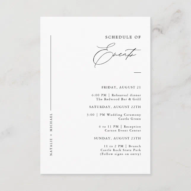 Simple Minimal Wedding Weekend Schedule of Events Enclosure Card | Zazzle