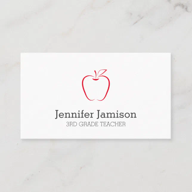 Simple Minimalist Black-White Red Apple Teacher Business Card | Zazzle