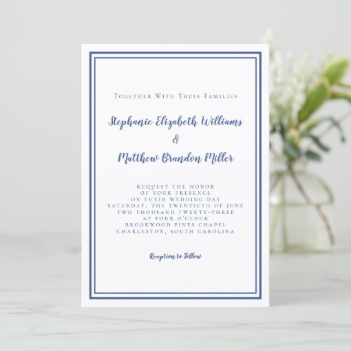 Simple Minimalist Classic Blue White Chic Wedding Invitation | Zazzle