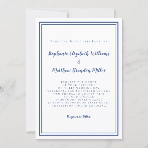 Simple Minimalist Classic Blue White Chic Wedding Invitation | Zazzle