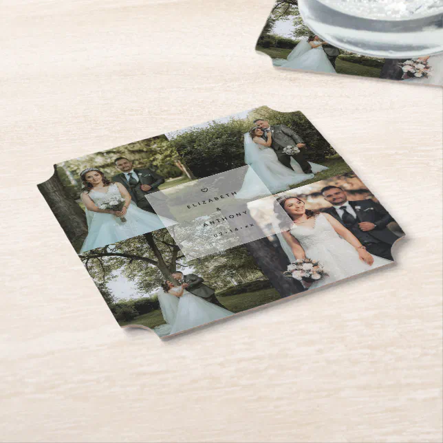 Simple Minimalist Couple Photo Collage Wedding Paper Coaster | Zazzle