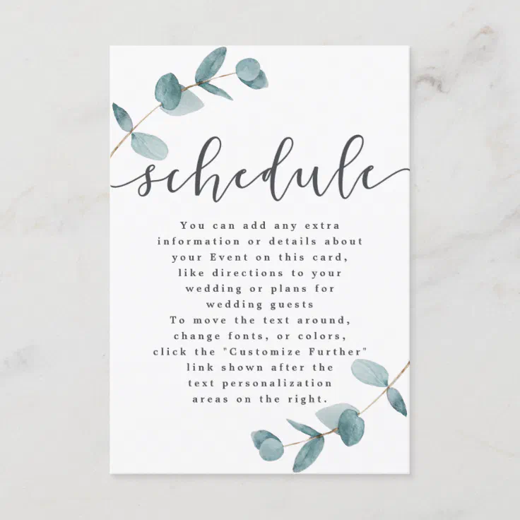 Simple Minimalist Eucalyptus Chic Wedding Schedule Enclosure Card | Zazzle