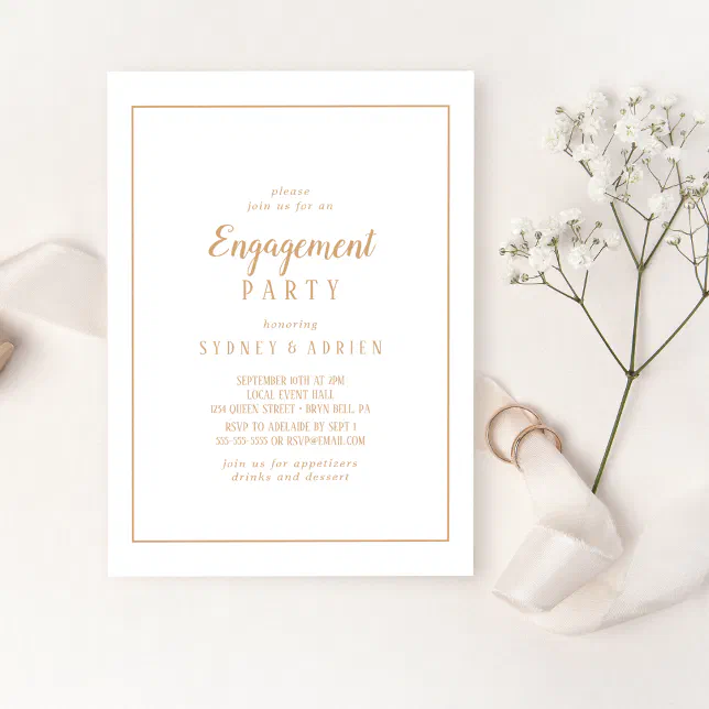 Simple Minimalist|Gold Frame Engagement Party Invitation | Zazzle