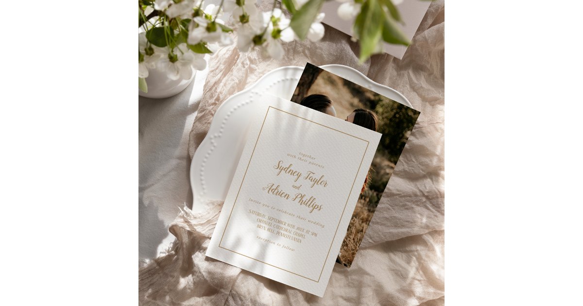 Simple Minimalist|Gold Photo Casual Frame Wedding Invitation | Zazzle