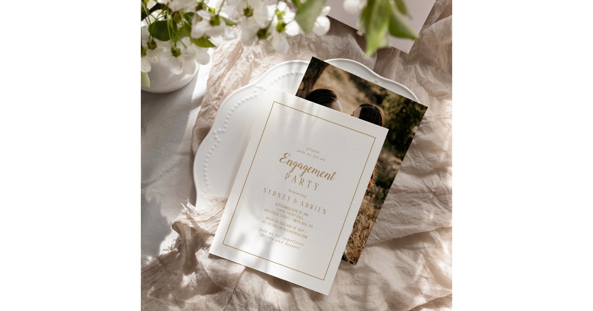 Simple Minimalist|Gold Photo Frame Engagement Invitation | Zazzle