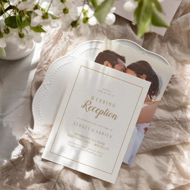 Simple Minimalist|Gold Photo Reception Frame Invitation | Zazzle