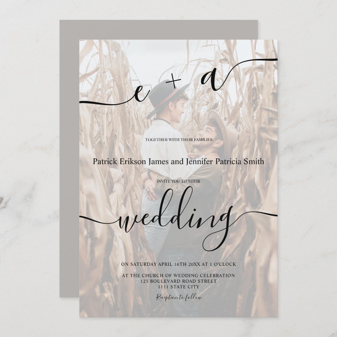 Simple minimalist initials script photo wedding invitation | Zazzle