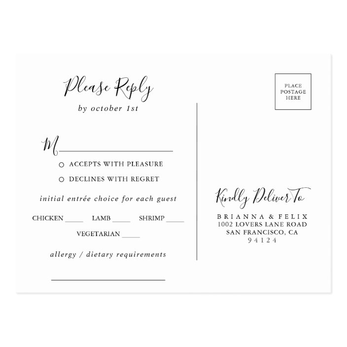 Simple Minimalist Menu Choice RSVP Postcard | Zazzle.com