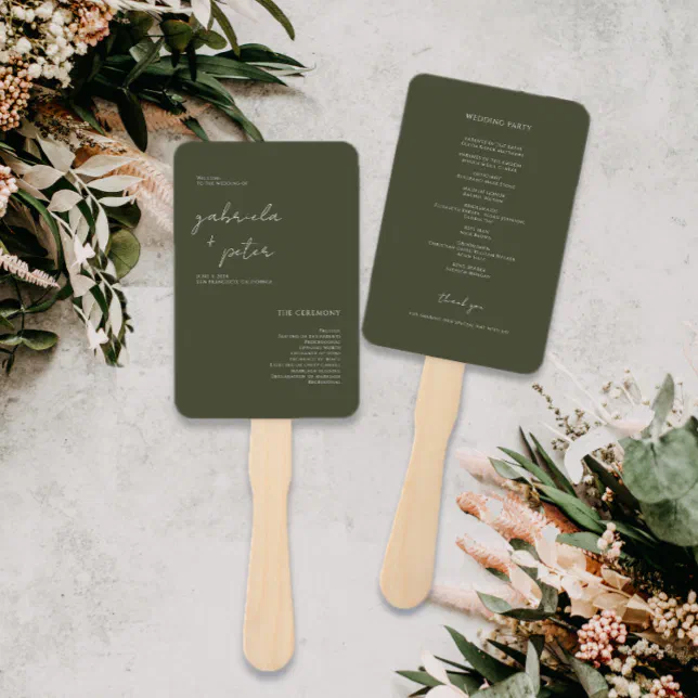 Simple Minimalist Olive Green Wedding Program Hand Fan | Zazzle