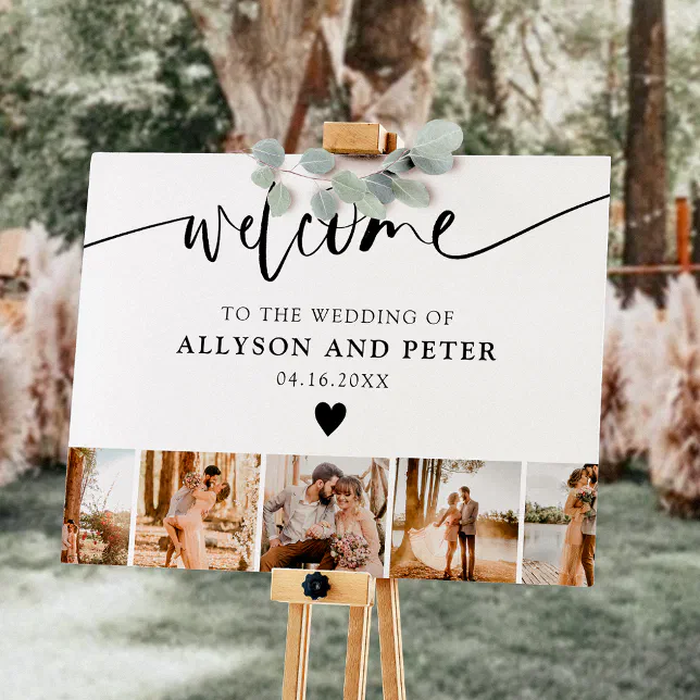 Simple minimalist script wedding welcome 5 photos foam board | Zazzle