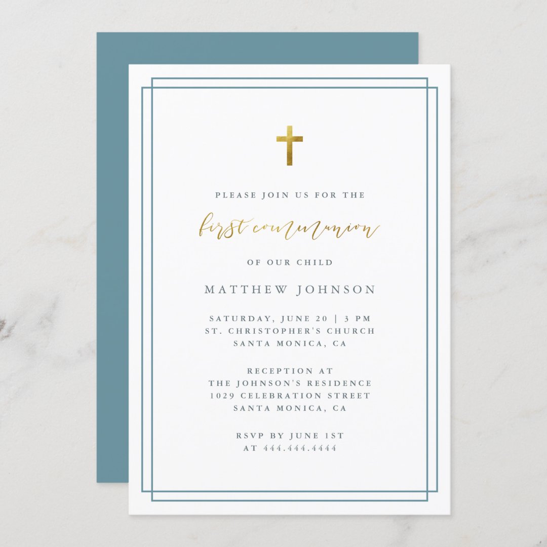 Simple Minimalist Typography Blue First Communion Invitation | Zazzle