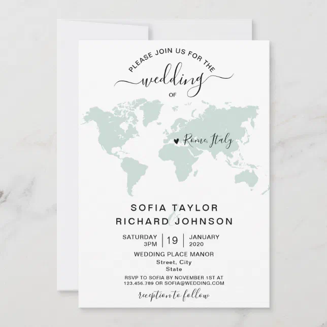 Simple Minimalist Wedding Destination World Map Invitation | Zazzle