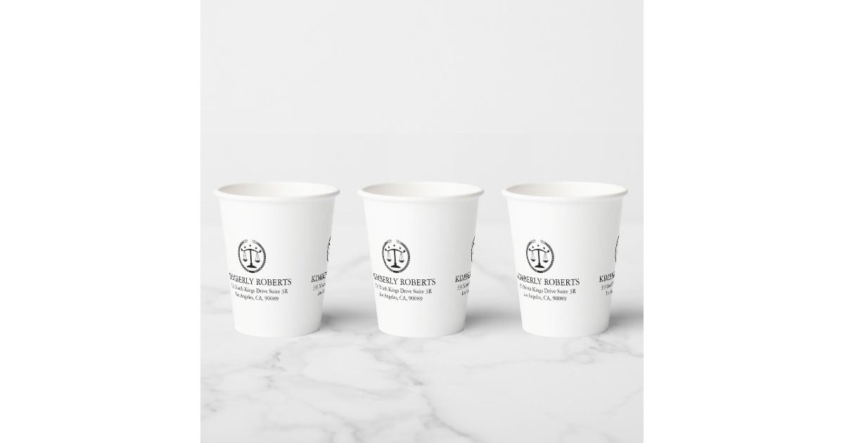 Simple Minimalistic Black Justice Logo On White Paper Cups | Zazzle