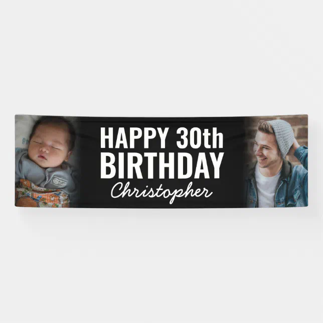 Simple Modern 2 Photo Script Happy Birthday Party Banner | Zazzle