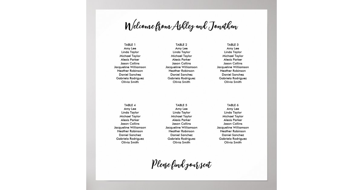 Simple Modern 6 Table Seating Chart | Zazzle