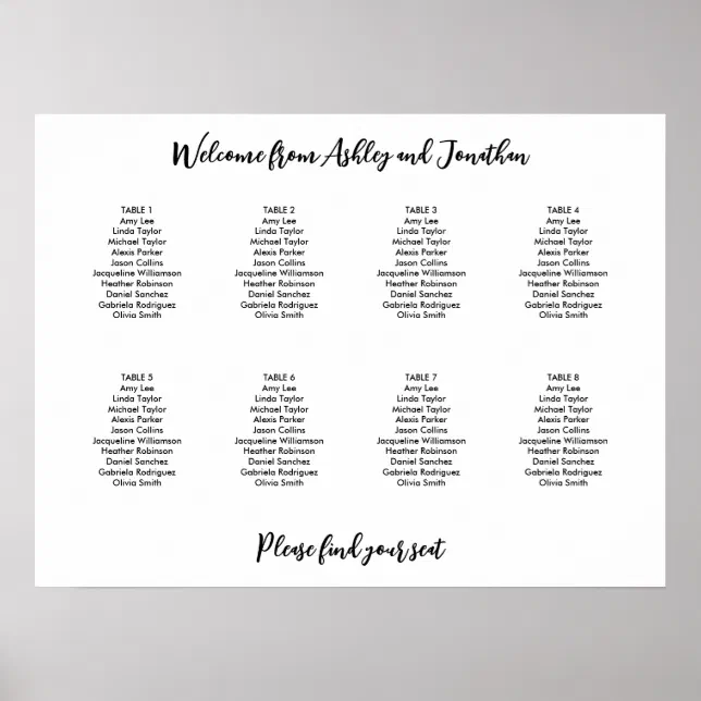 Simple Modern 8 Table Seating Chart | Zazzle
