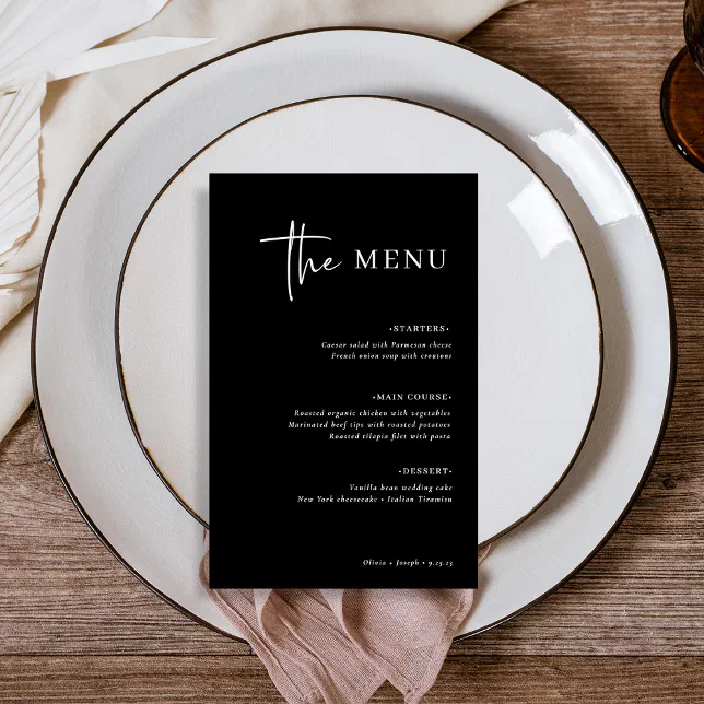 Simple Modern and Minimalist | Black Wedding Menu | Zazzle