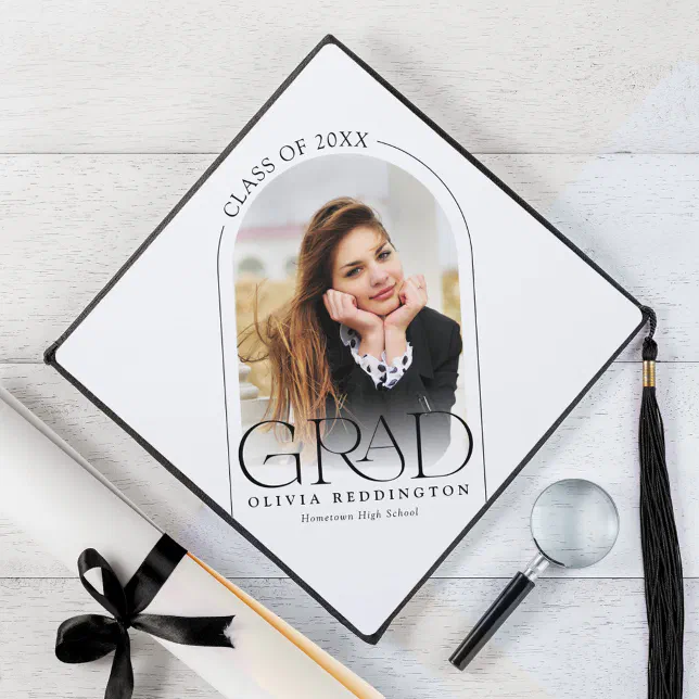 Simple Modern Arch Typography Photo Graduation Cap Topper | Zazzle