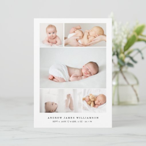 Simple Modern Baby Photo Collage Birth Stats Announcement | Zazzle
