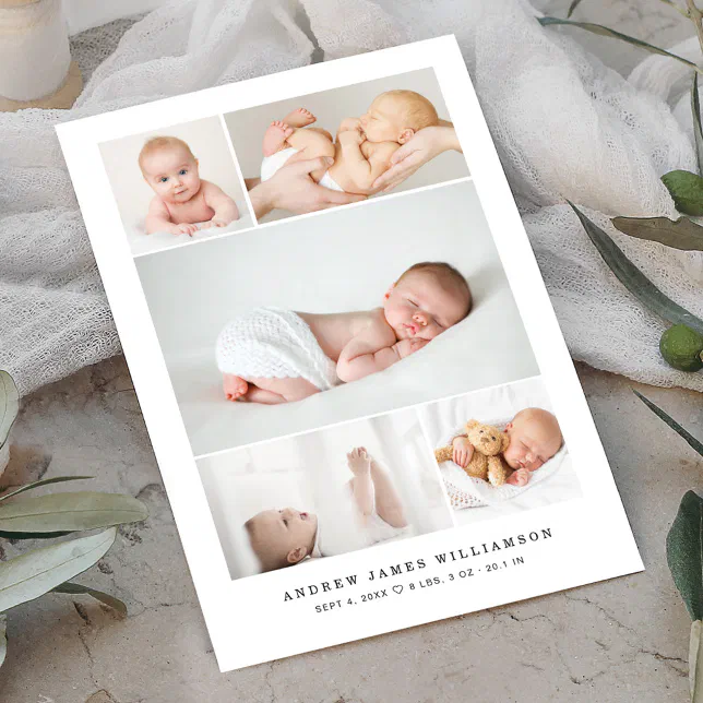 Simple Modern Baby Photo Collage Birth Stats Announcement | Zazzle