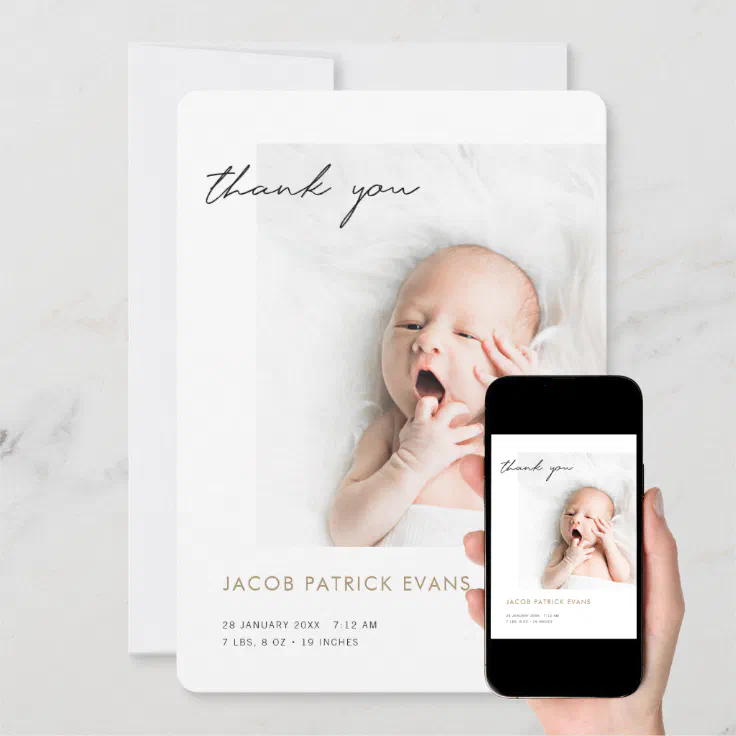 Simple Modern Baby Photo Thank You Birth Announcement | Zazzle