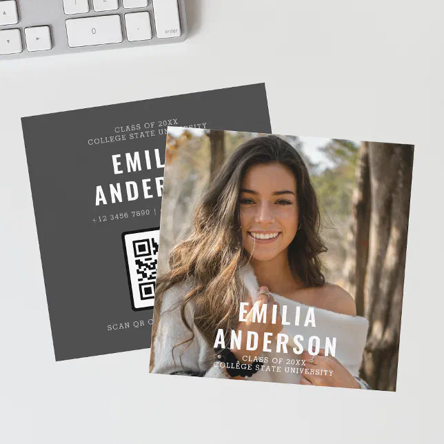 Simple Modern Black Graduation Photo QR Code Info Calling Card | Zazzle