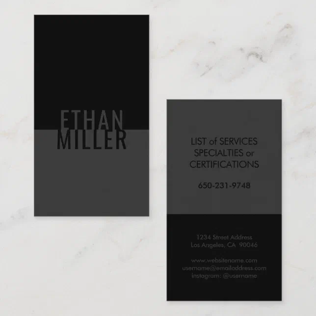 Simple Modern Black Grey Vertical Plain Minimalist Business Card | Zazzle