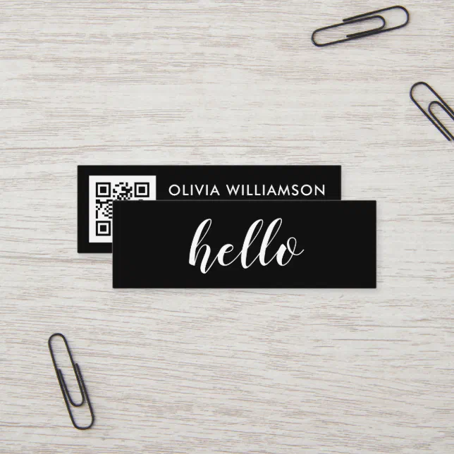 Simple Modern Black Hello QR Code Mini Business Card | Zazzle