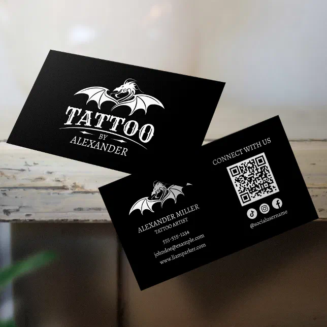 Simple Modern Black Tattoo Artist Dragon QR Code Business Card | Zazzle