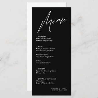 Simple & Modern Black Wedding Menu Card | Zazzle