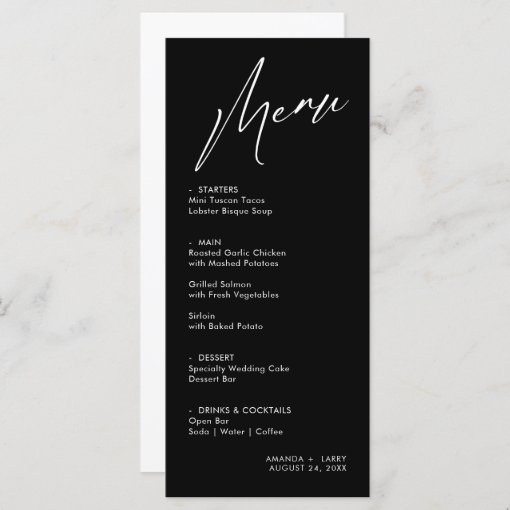 Simple & Modern Black Wedding Menu Card | Zazzle