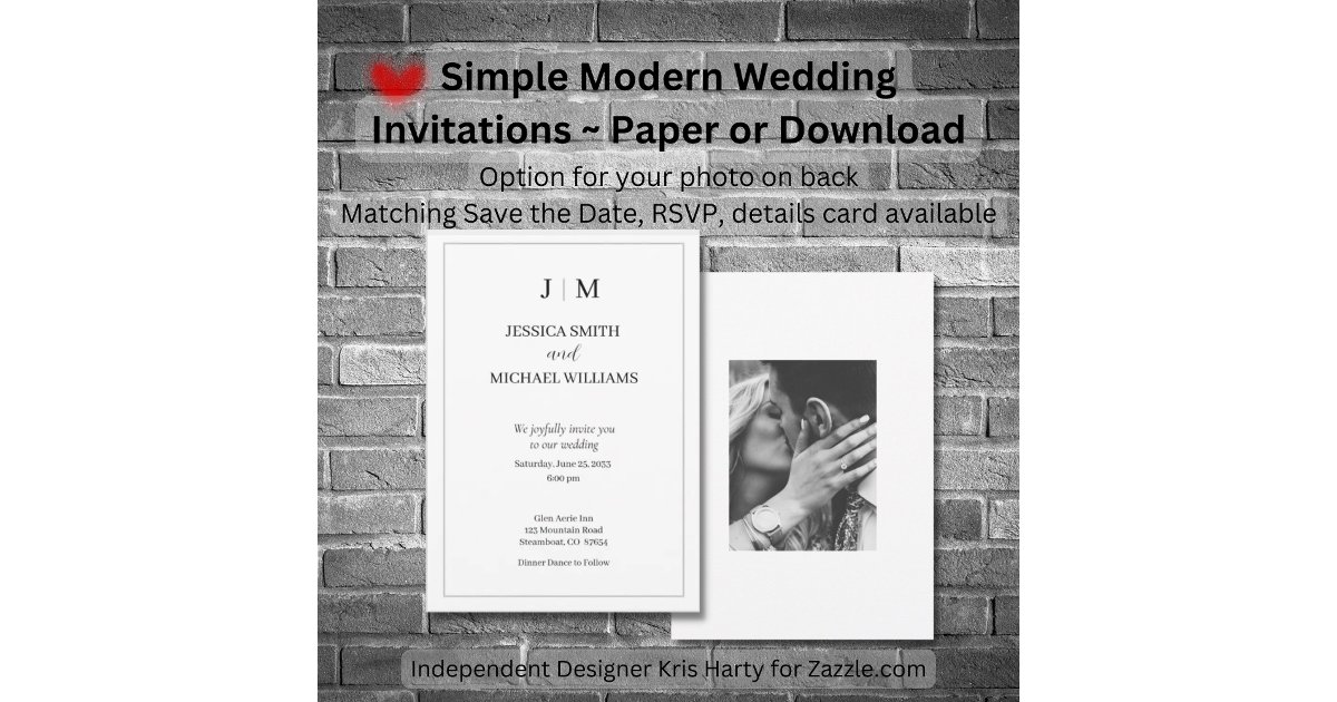 Simple Modern Black White Border Wedding Invitation | Zazzle