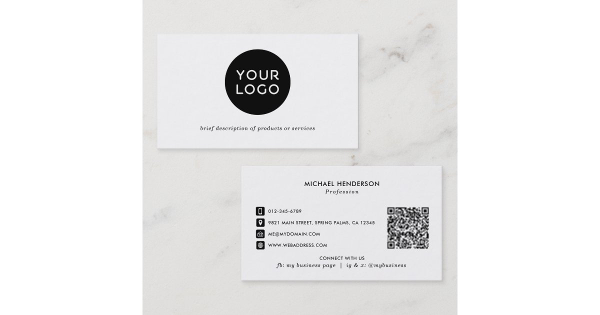 Simple Modern Black & White Custom Logo & QR Code Business Card | Zazzle