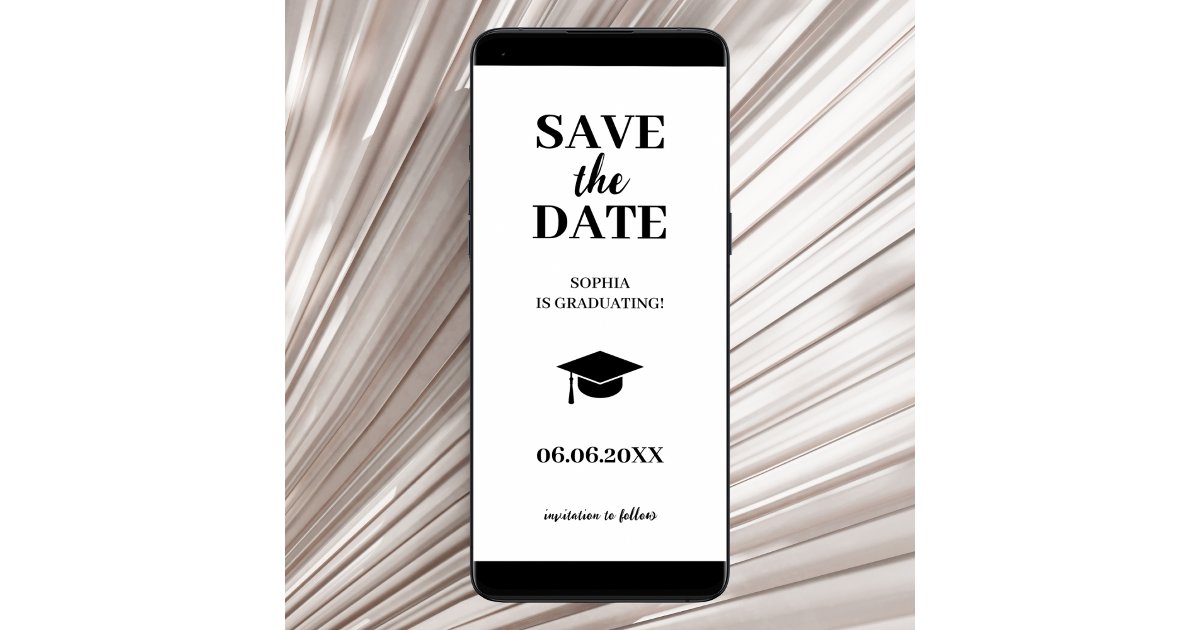 Simple Modern Black & White Grad Cap Graduation Save The Date | Zazzle