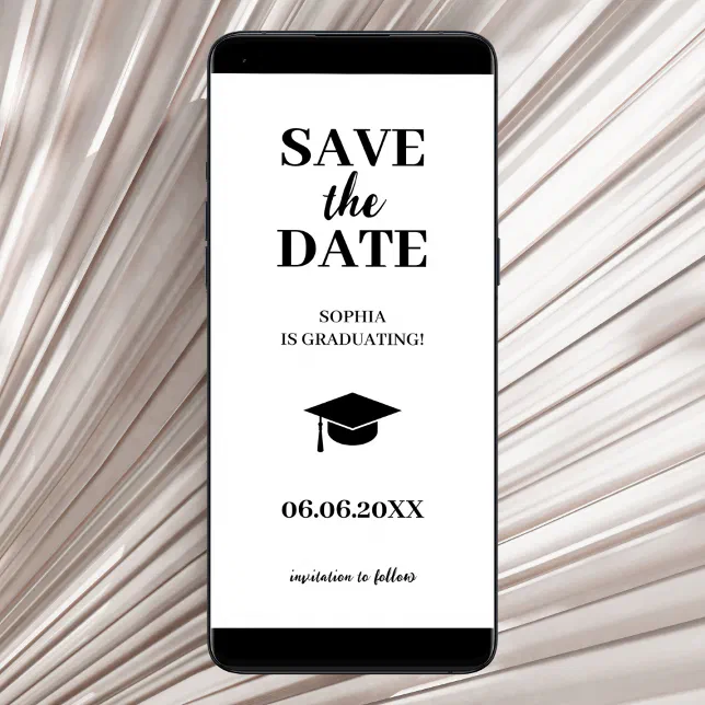 Simple Modern Black & White Grad Cap Graduation Save The Date | Zazzle
