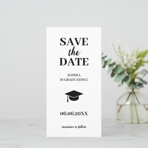 Simple Modern Black & White Grad Cap Graduation Save The Date | Zazzle