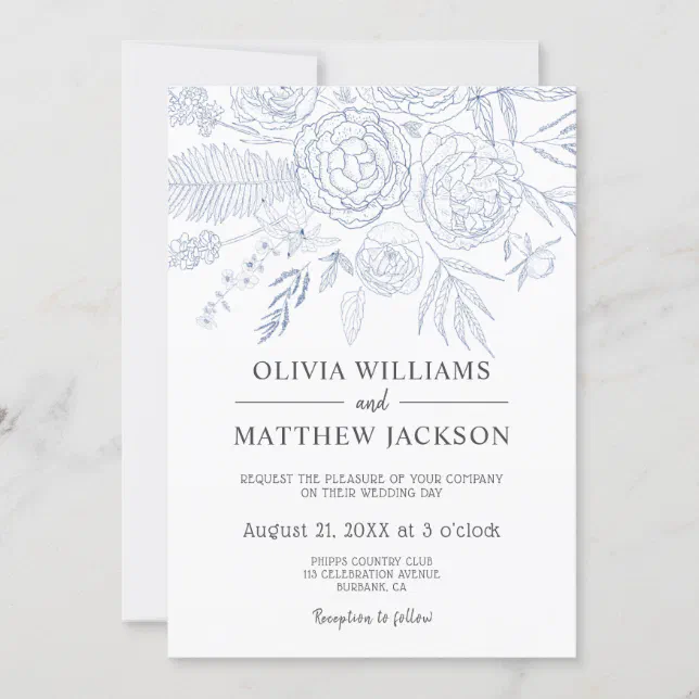 Simple Modern Blue Floral Wedding Invitation | Zazzle