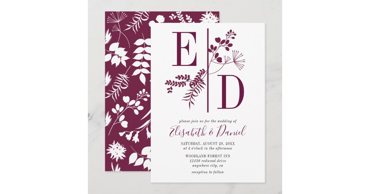 Simple Modern Burgundy Initials Wedding Invitation | Zazzle