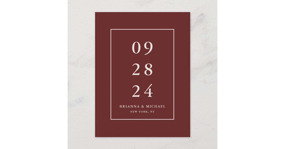 Simple Modern Burgundy Red Wedding Save the Date Postcard | Zazzle