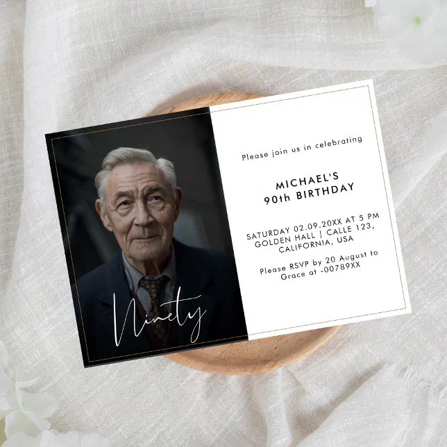 Simple Modern Calligraphy 90th Birthday Photo Invitation | Zazzle