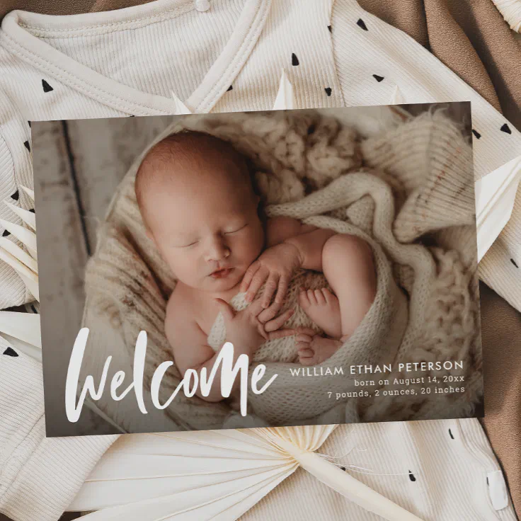 Simple Modern Calligraphy Baby Three Photo Birth Announcement | Zazzle