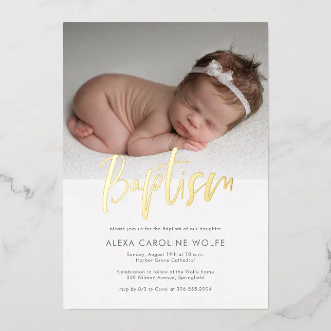 Simple Modern Calligraphy Baptism Photo Foil Invitation | Zazzle