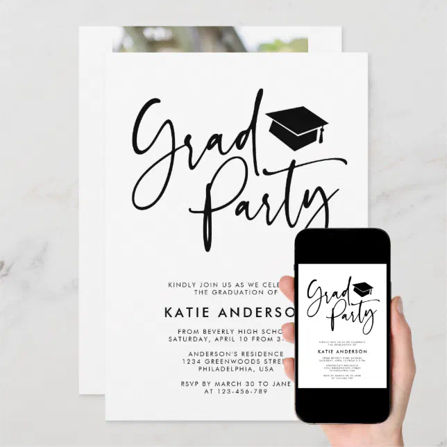 Simple Modern Calligraphy Grad Party Photo Invitation | Zazzle