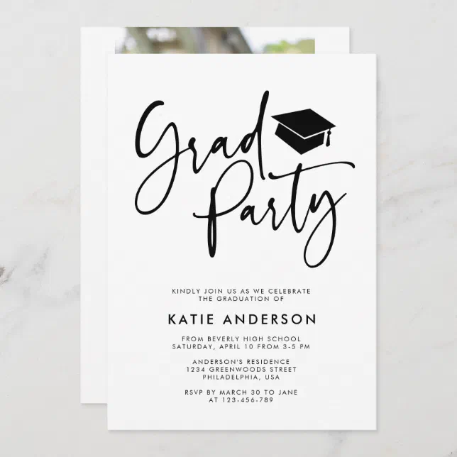 Simple Modern Calligraphy Grad Party Photo Invitation | Zazzle