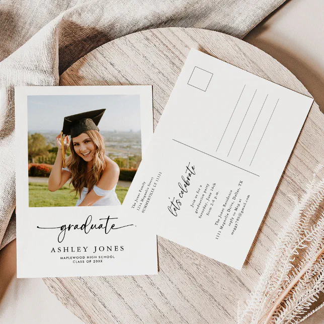 Simple Modern Calligraphy Photo Graduation Postcard | Zazzle