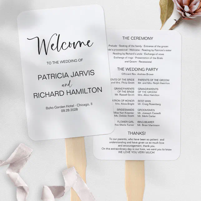 Simple Modern Calligraphy Wedding Program Hand Fan | Zazzle